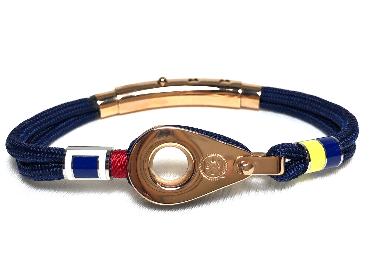 Double Cord Navy Blue With SS Pulley w Shackle & Flags Rose Gold – Seaknots